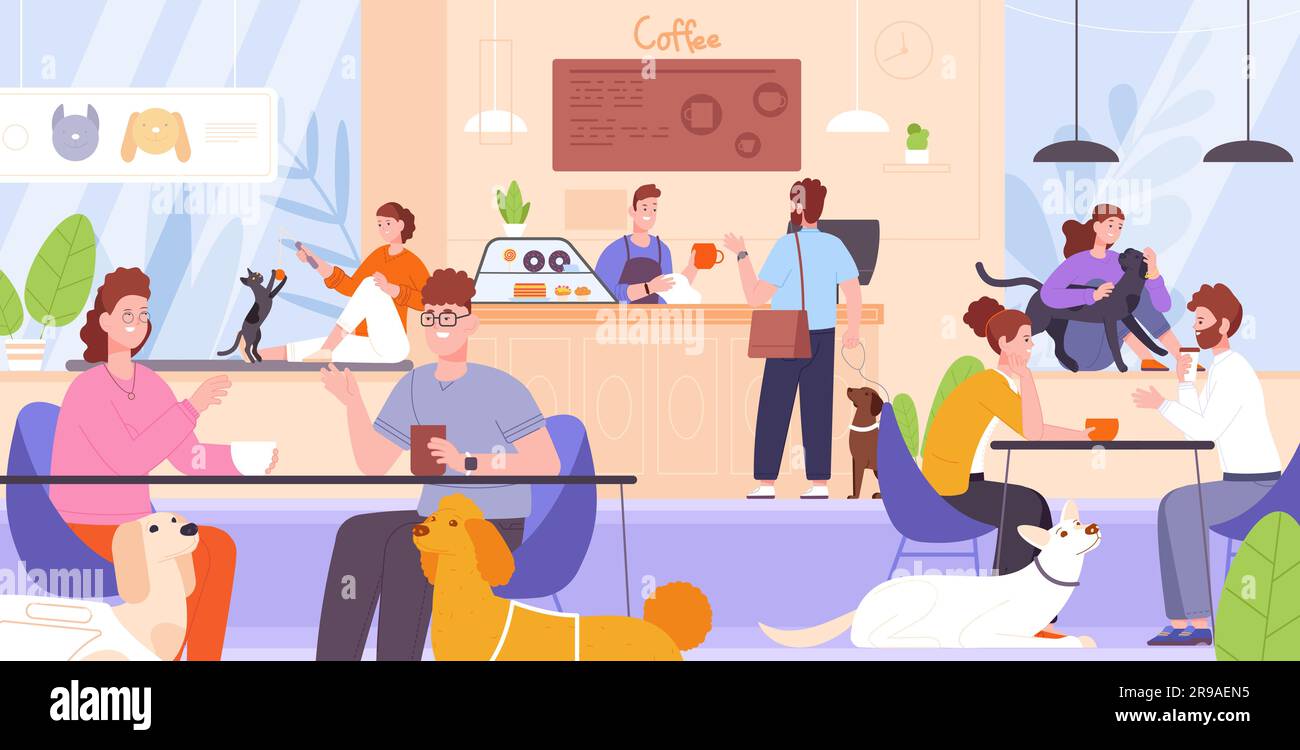 Pet friendly cafe. People friends pets owners eating lunch drinking in ...