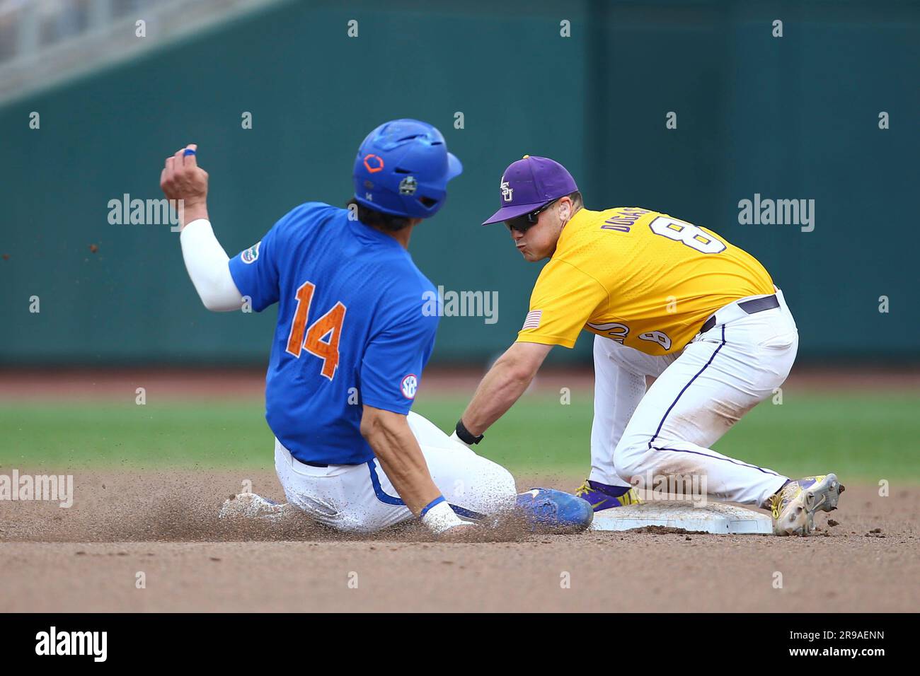 Florida's Jac Caglianone (14) is out at second as LSU infielder Gavin ...
