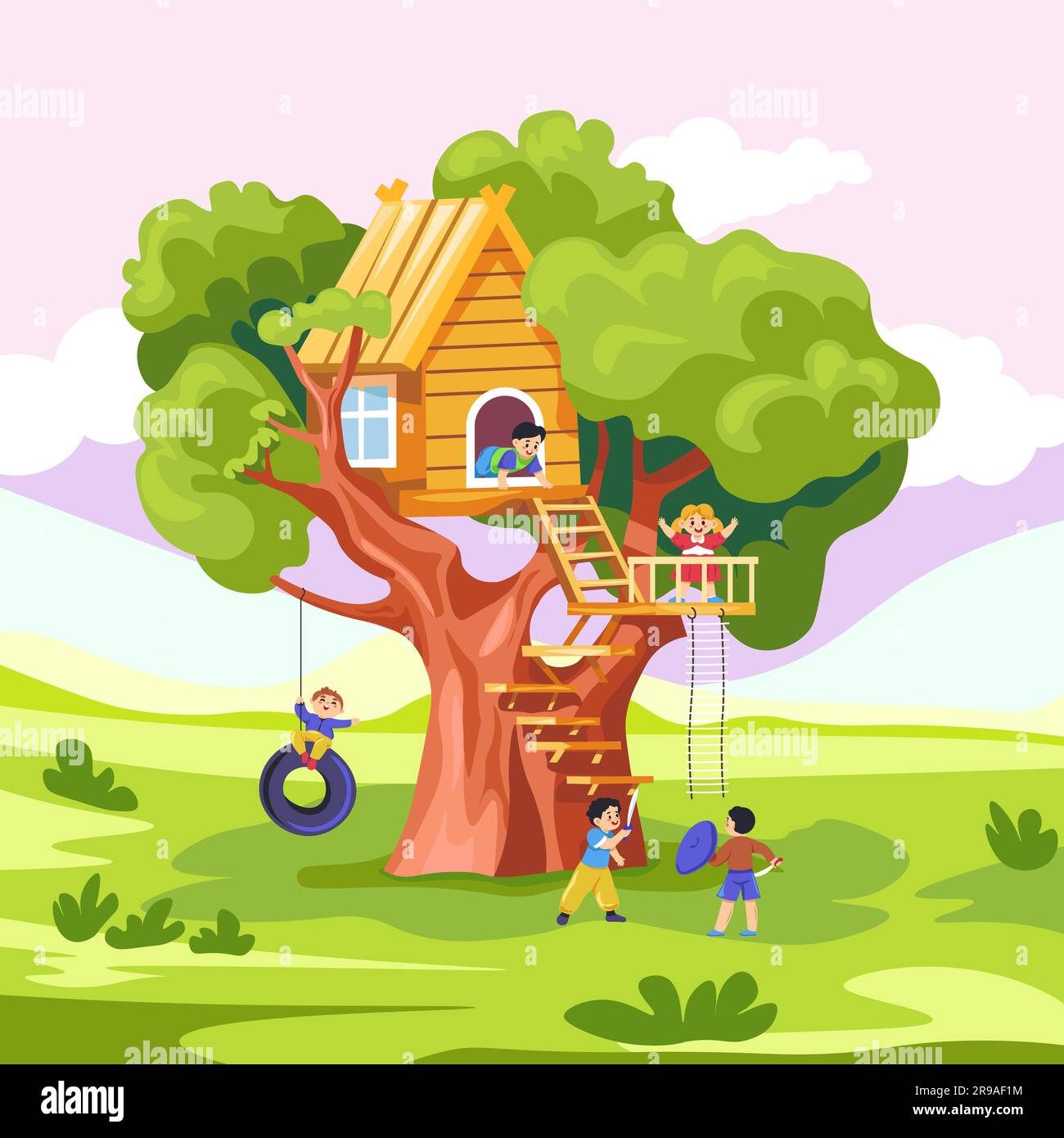 Kids playing on tree house. Kid wood house garden trees with tire swing ...