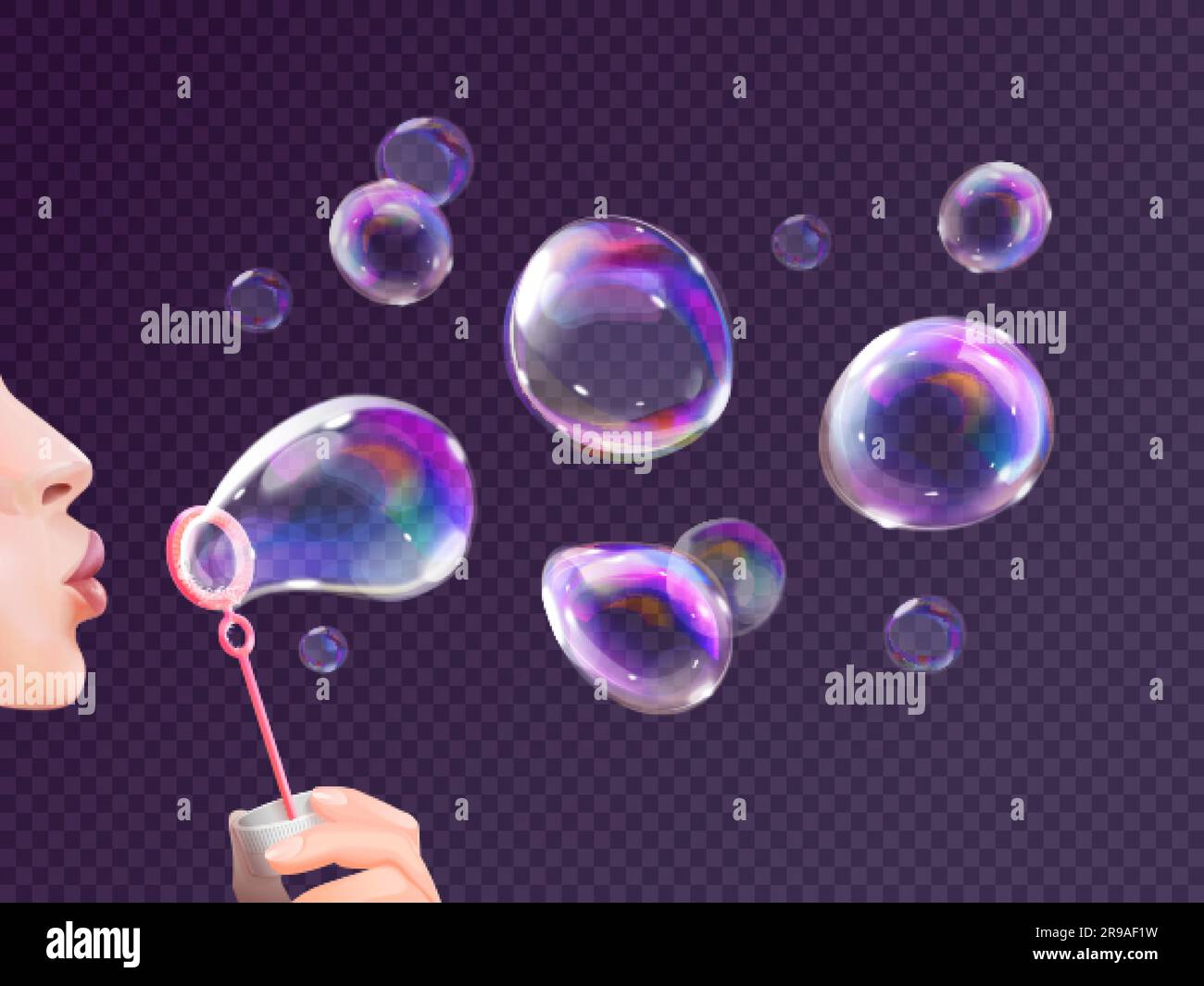 Girl blowing soap bubbles. Woman blow realistic flying bubble blower ...