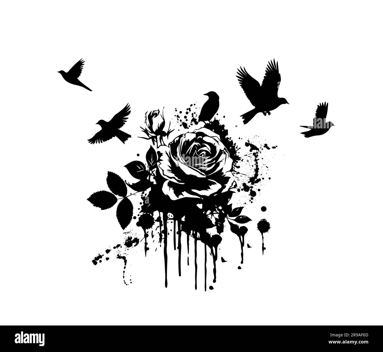 Rose Old School Tattoo . Black print rose and birds. Graffiti style ...