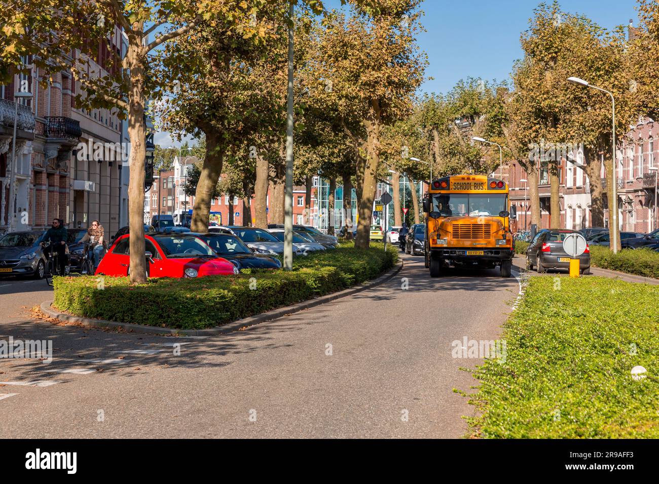 Maastricht, the Netherlands, October 16, 2021: Vintage school bus used ...