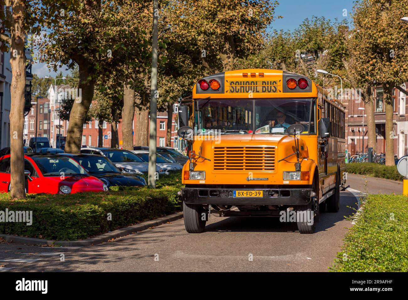 Maastricht, the Netherlands, October 16, 2021: Vintage school bus used ...