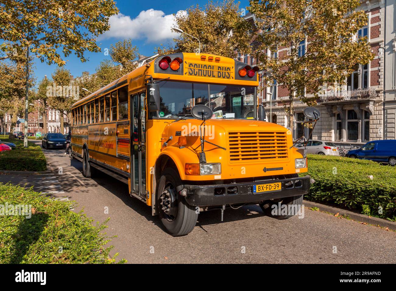 Maastricht, the Netherlands, October 16, 2021: Vintage school bus used ...