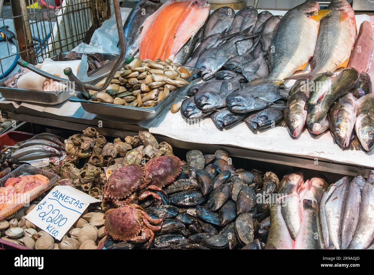 Crustaceans, seafood and fish at a market in Santiago de Chile Stock ...