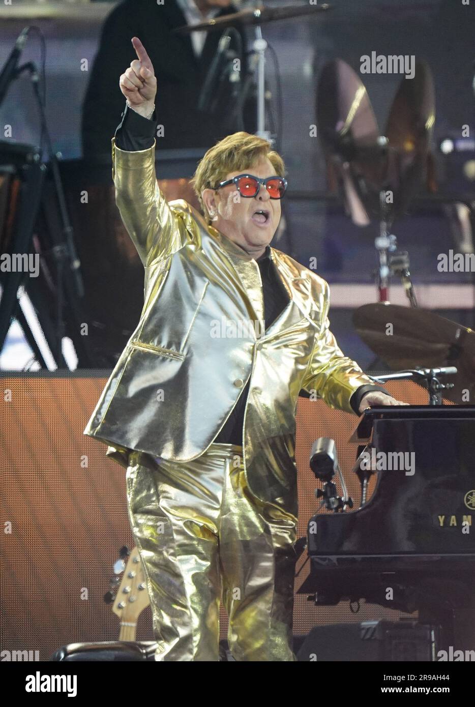 EDITORIAL USE ONLY Elton John performing on the Pyramid Stage at the ...
