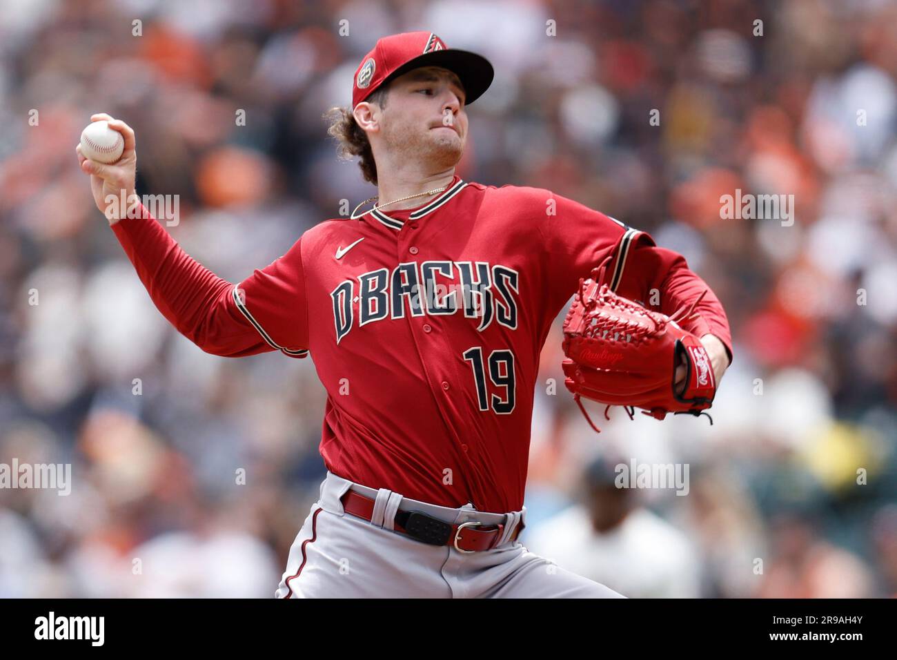 Arizona Diamondbacks starting pitcher Ryne Nelson throws during the first inning of a baseball ...