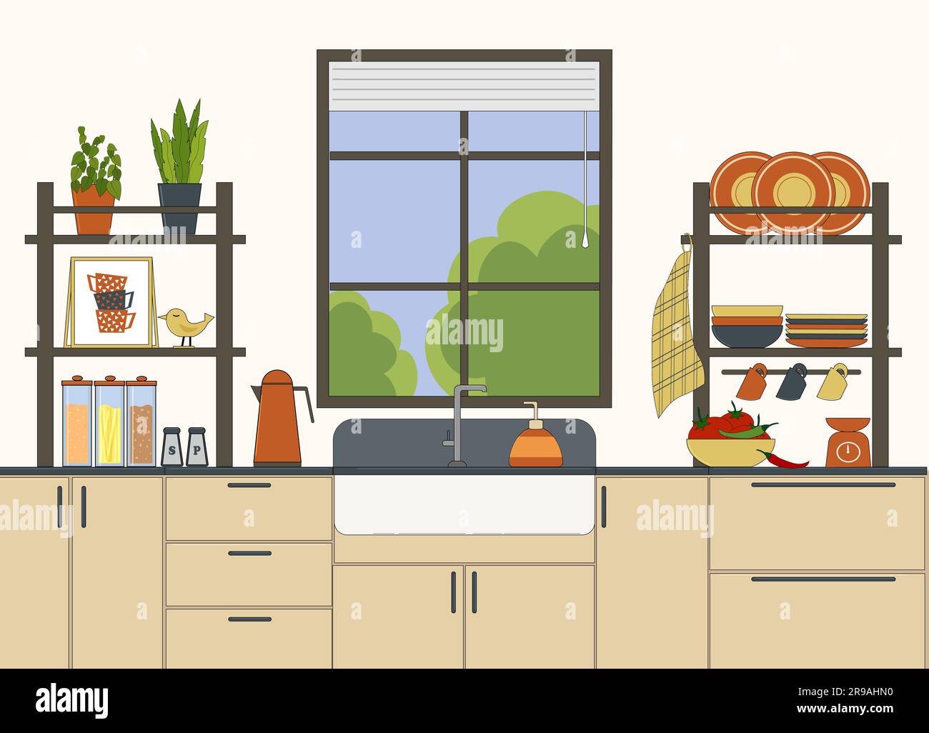 Interior of a cozy kitchen with a window. Shelves with dishes, a sink ...