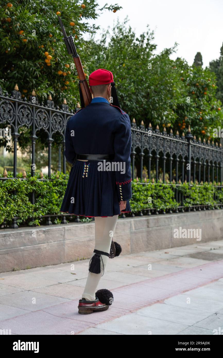Young Evzones in training at the backside of Syntagma Square. Evzones ...
