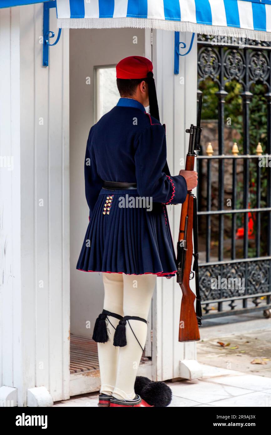 Young Evzones in training at the backside of Syntagma Square. Evzones ...