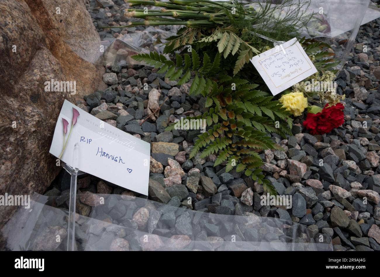 A card on flowers in a waterfront park says "RIP Hamish", in St. John's ...