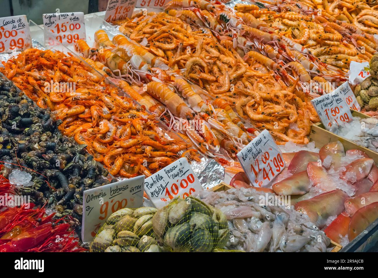 Fish, squid and shellfish at a market in Madrid, Spain Stock Photo - Alamy