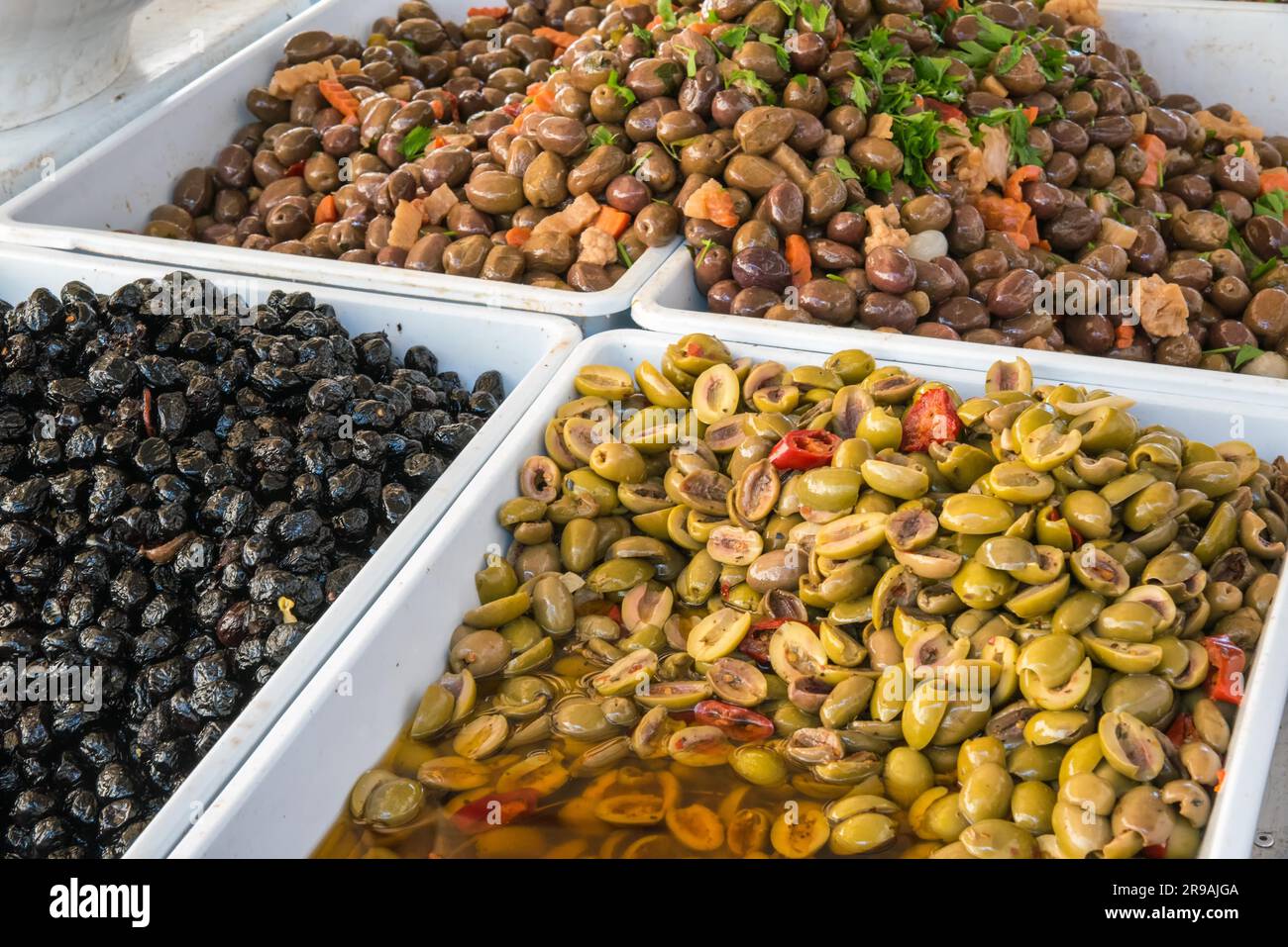 Different varieties of olives at a market in Palermo, Sicily Stock ...