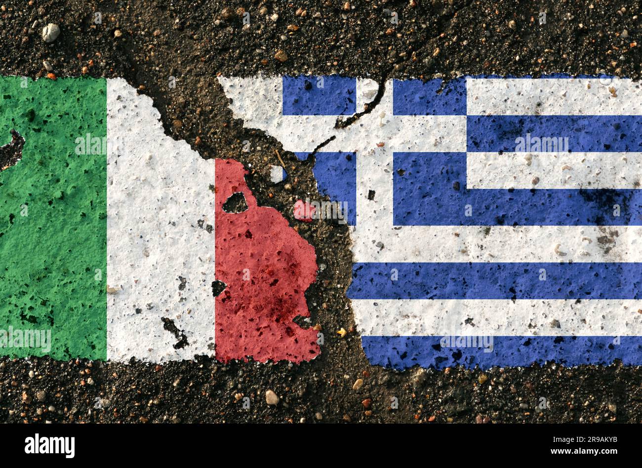 On the pavement are images of the flags of Italy and Greece, as a ...