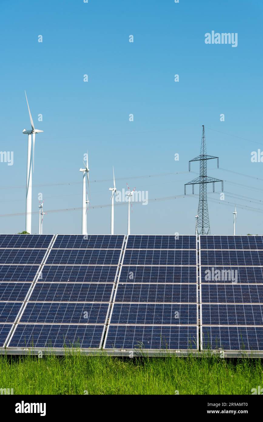 Electricity pylons, solar plants and wind turbines in Germany Stock ...