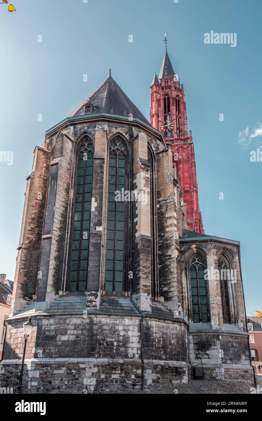The limestone gothic tower of the Sint Janskerk in Maastricht. It was ...