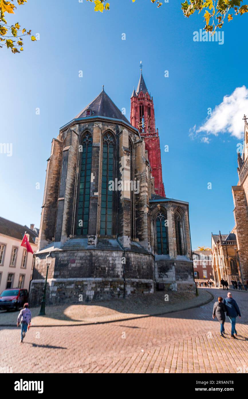 The limestone gothic tower of the Sint Janskerk in Maastricht. It was ...