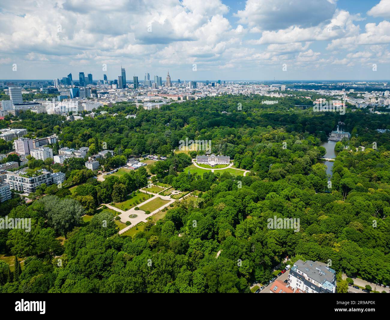 Warsaw city center and Lazienki Park from above, aerial landscape Stock ...