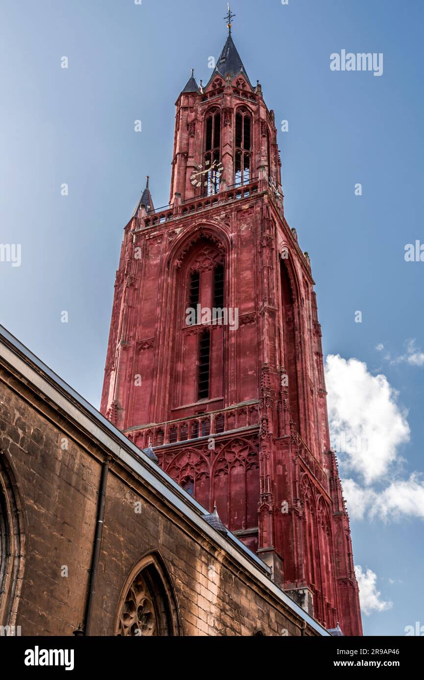 The limestone gothic tower of the Sint Janskerk in Maastricht. It was ...
