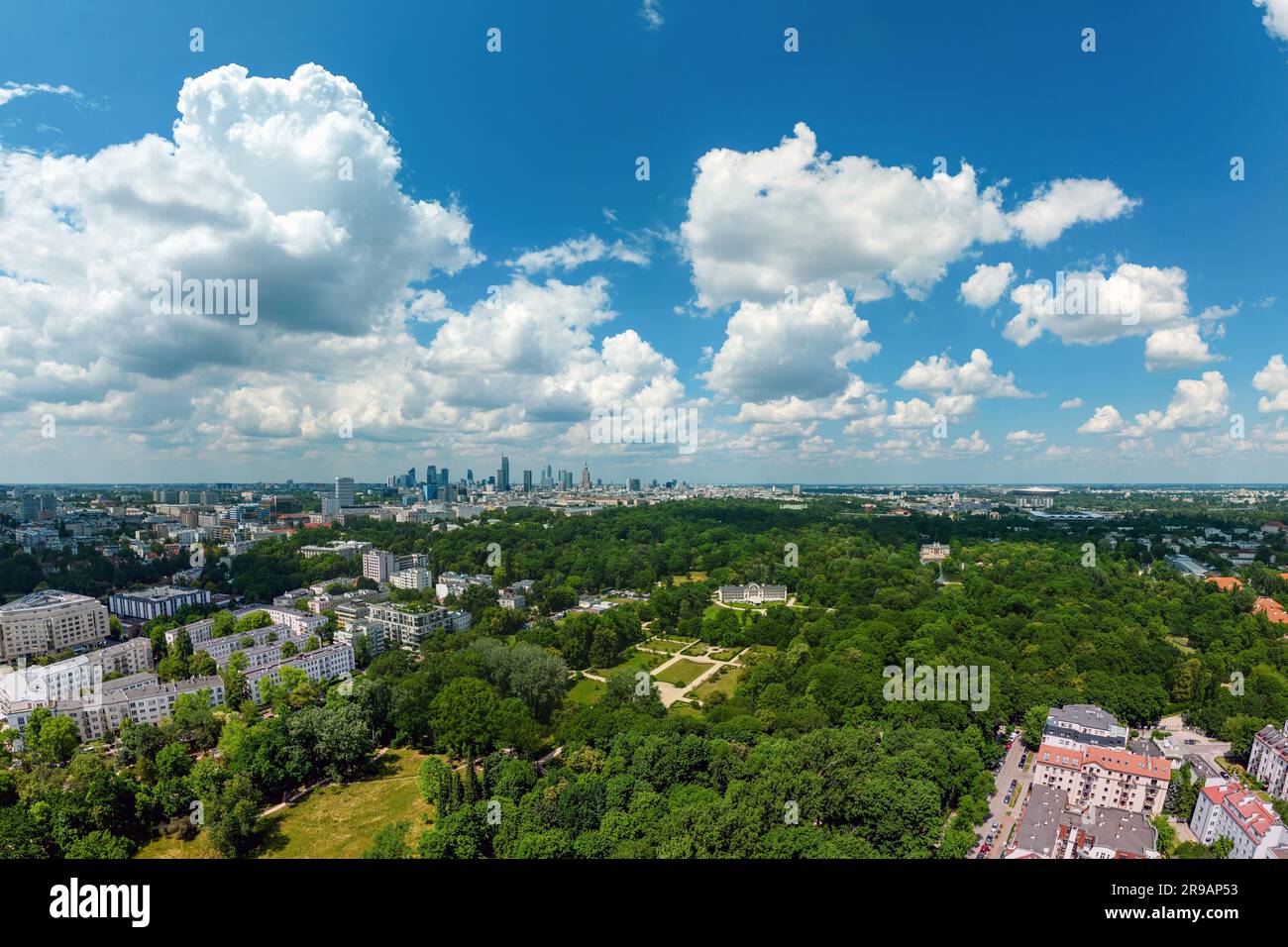 Warsaw city center and Lazienki Park from above, aerial landscape Stock ...