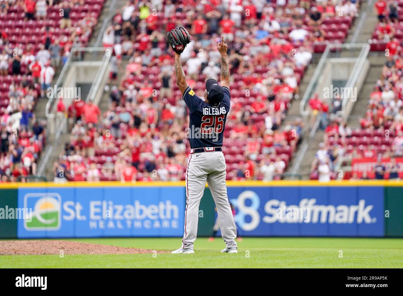 Atlanta Braves relief pitcher Raisel Iglesias reacts at the end of a ...