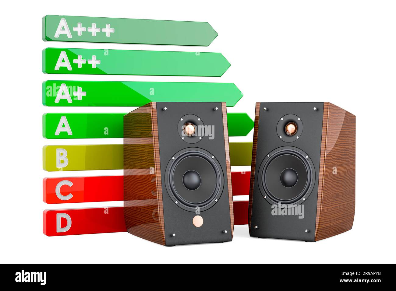 Musical Speakers with energy efficiency chart. 3D rendering isolated on ...