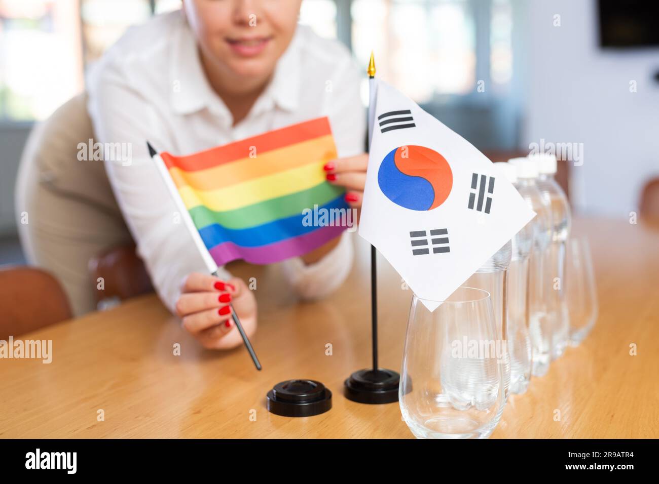 Preparing for business negotiations - woman sets small flags of ...