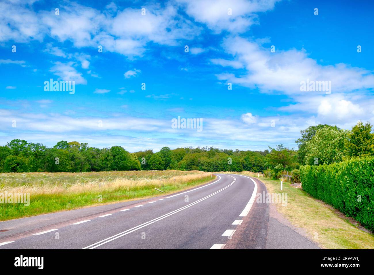 Curvy road under a blue sky in the summer with fields and trees by the ...