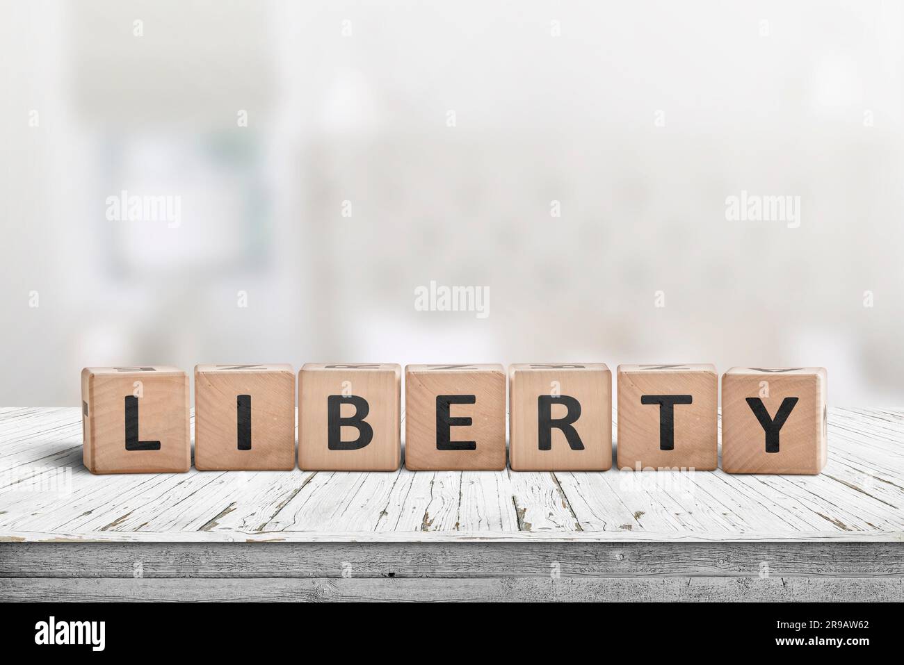 Liberty sign made of wood on a desk in an indoor environment Stock ...