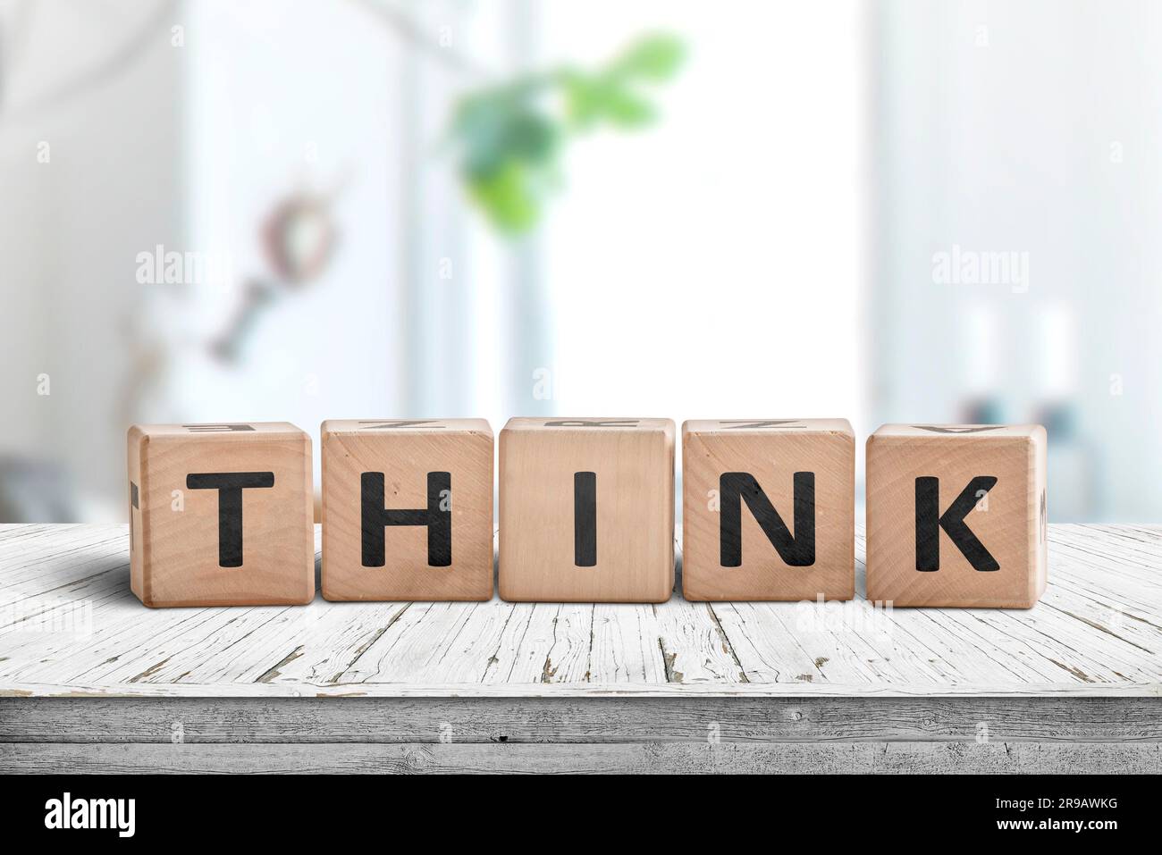 Think message sign on a worn table in a bright room in daylight Stock ...