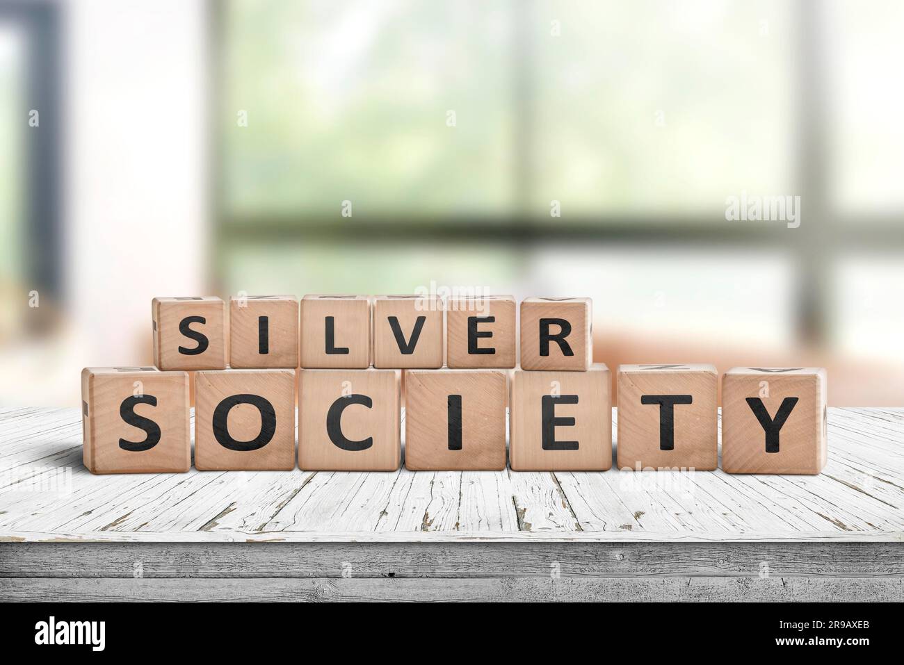 The megatrend Silver Society sign on a wooden desk in a bright living ...