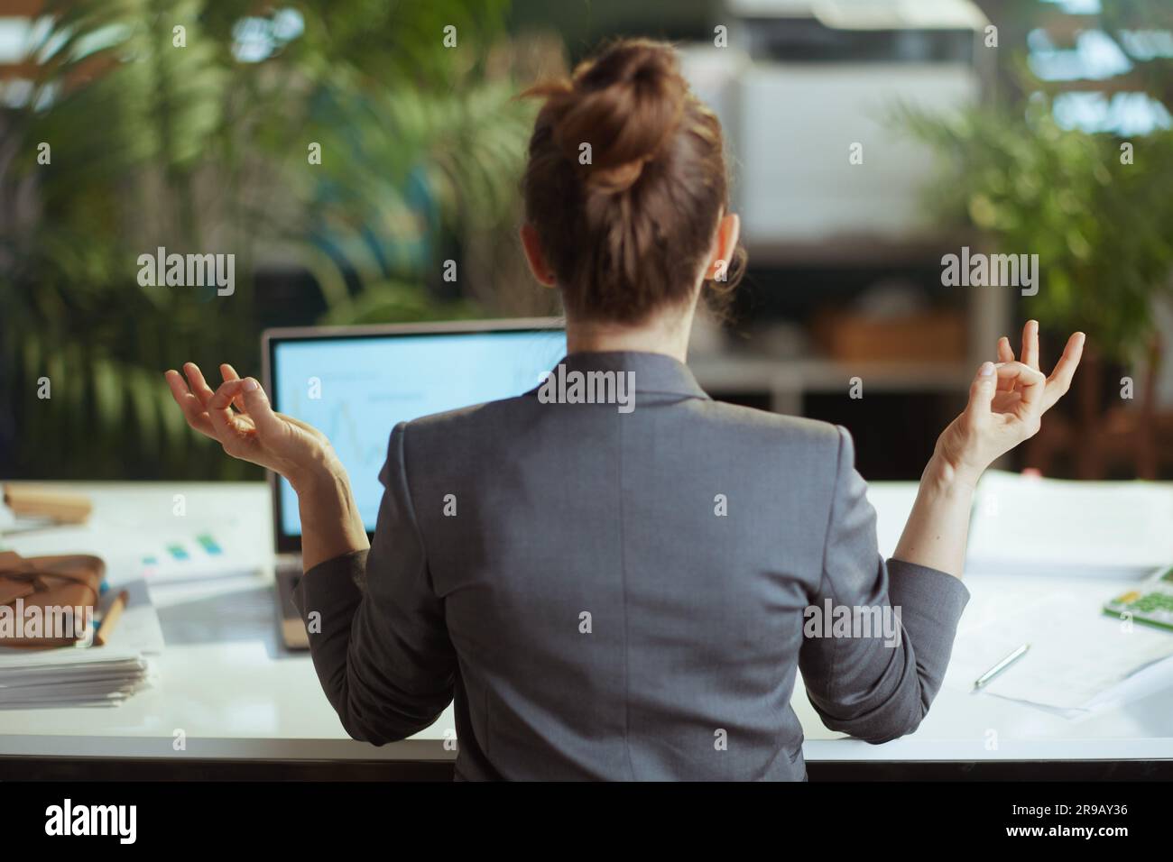 Sustainable workplace. Seen from behind modern small business owner ...