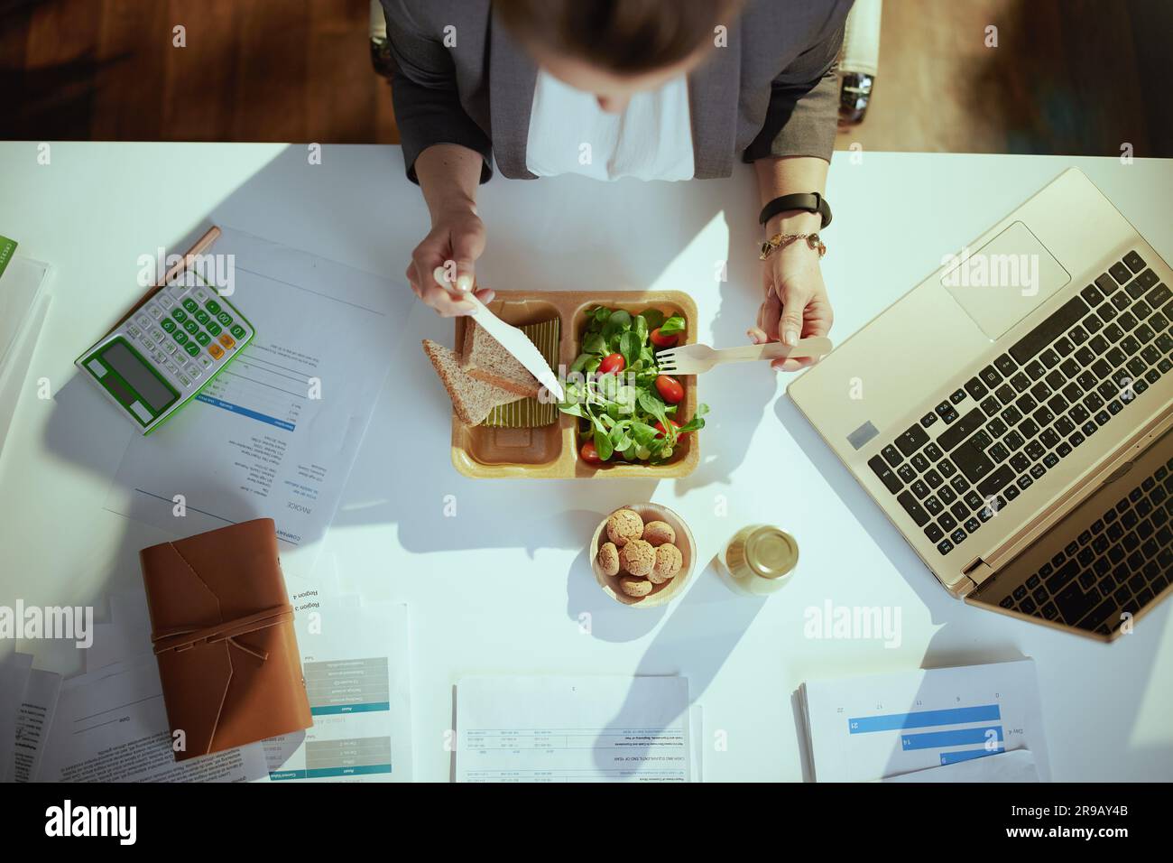 Sustainable workplace. Upper view of woman worker in a grey business ...