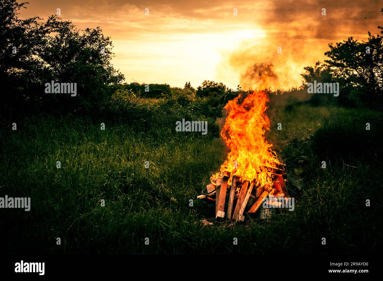 Bonfire at a camp in natural surroundings Stock Photo - Alamy