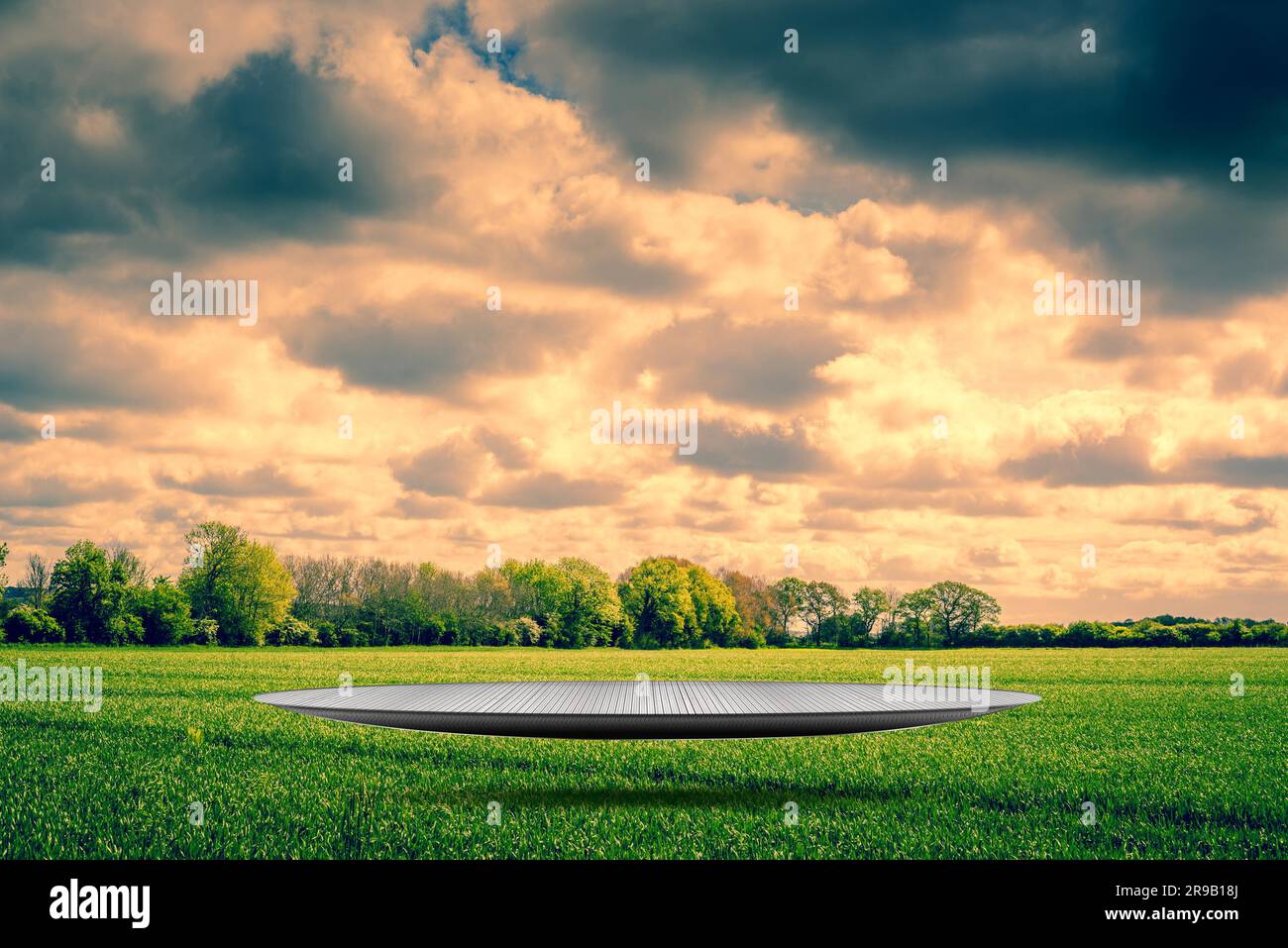 Countryside scenery with dark clouds and a futuristic stage Stock Photo ...