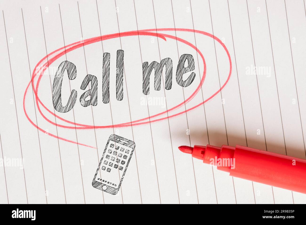 Call me note in a red marked circle on linear paper Stock Photo - Alamy