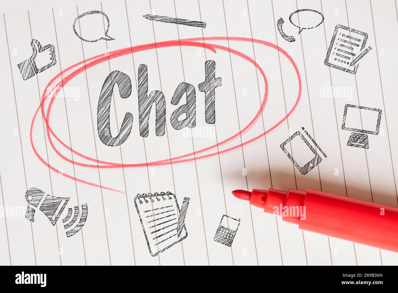 Chat note with small sketches and a red marker Stock Photo - Alamy