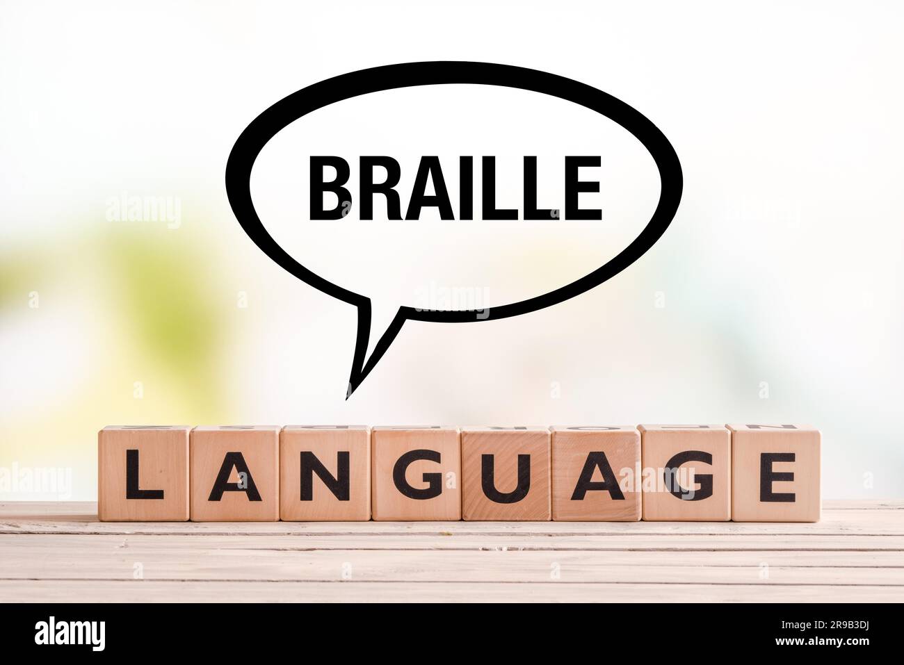 Braille language lesson sign made of cubes on a table Stock Photo - Alamy