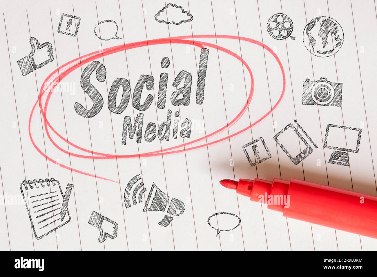 Social media sketch on linear paper with a red brush Stock Photo - Alamy