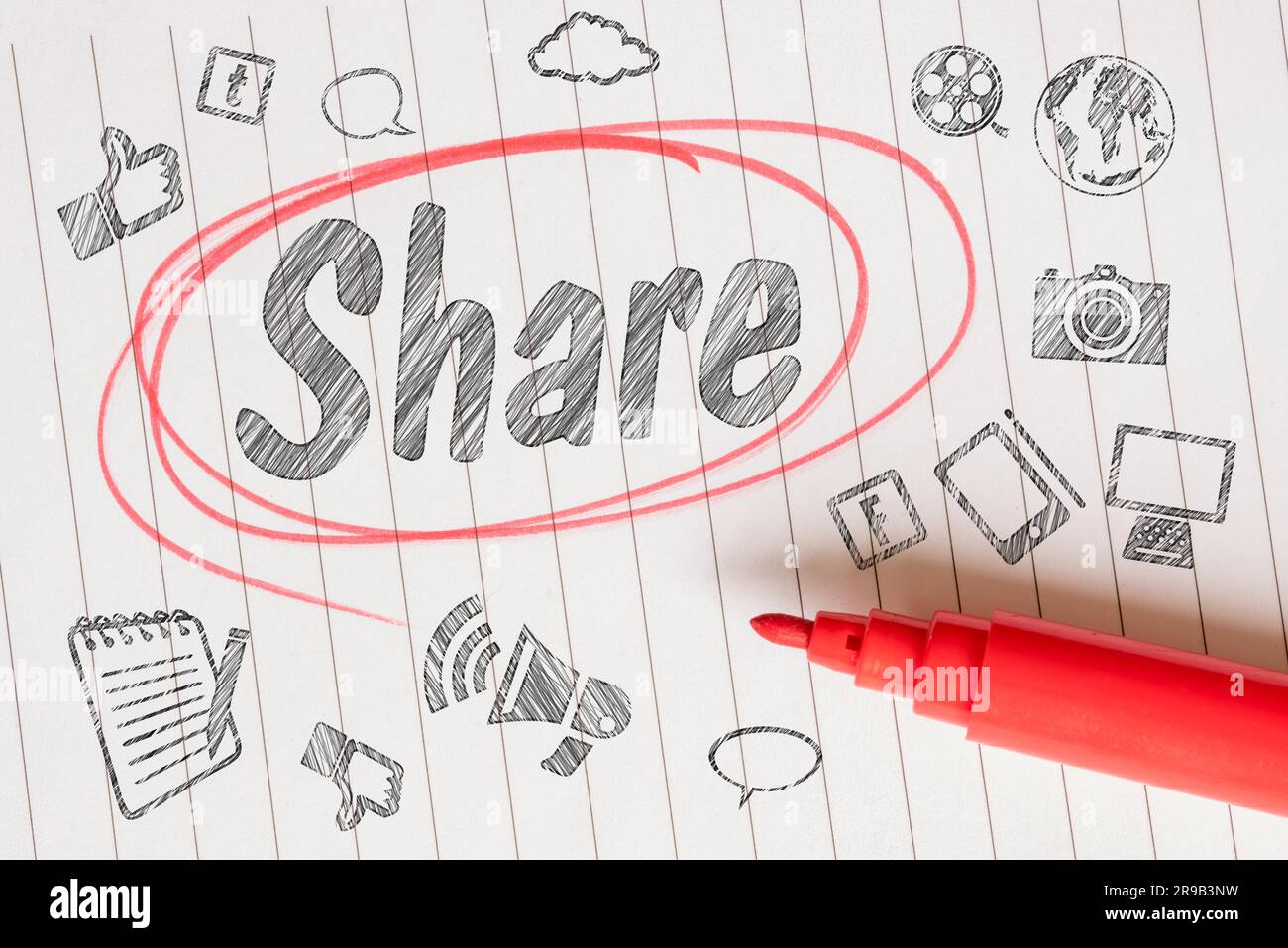 Share post note on linear paper with pencil sketches Stock Photo - Alamy