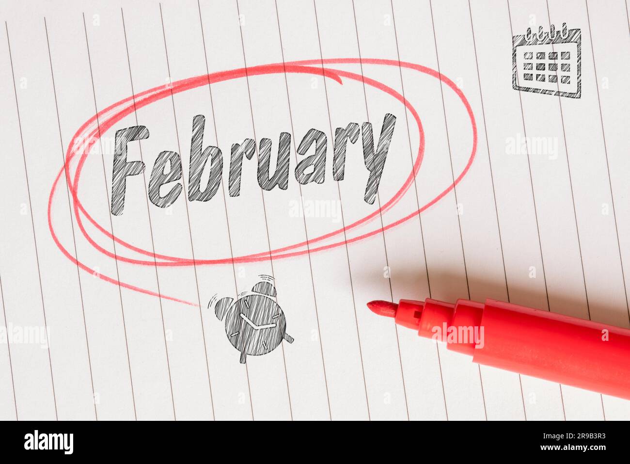 February sketch note with a red marker on paper Stock Photo - Alamy