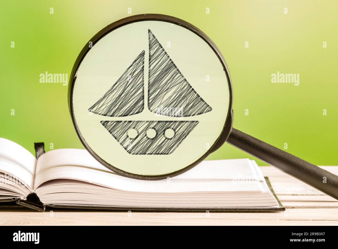 Ship information with a pencil drawing of a boat in a magnifying glass ...