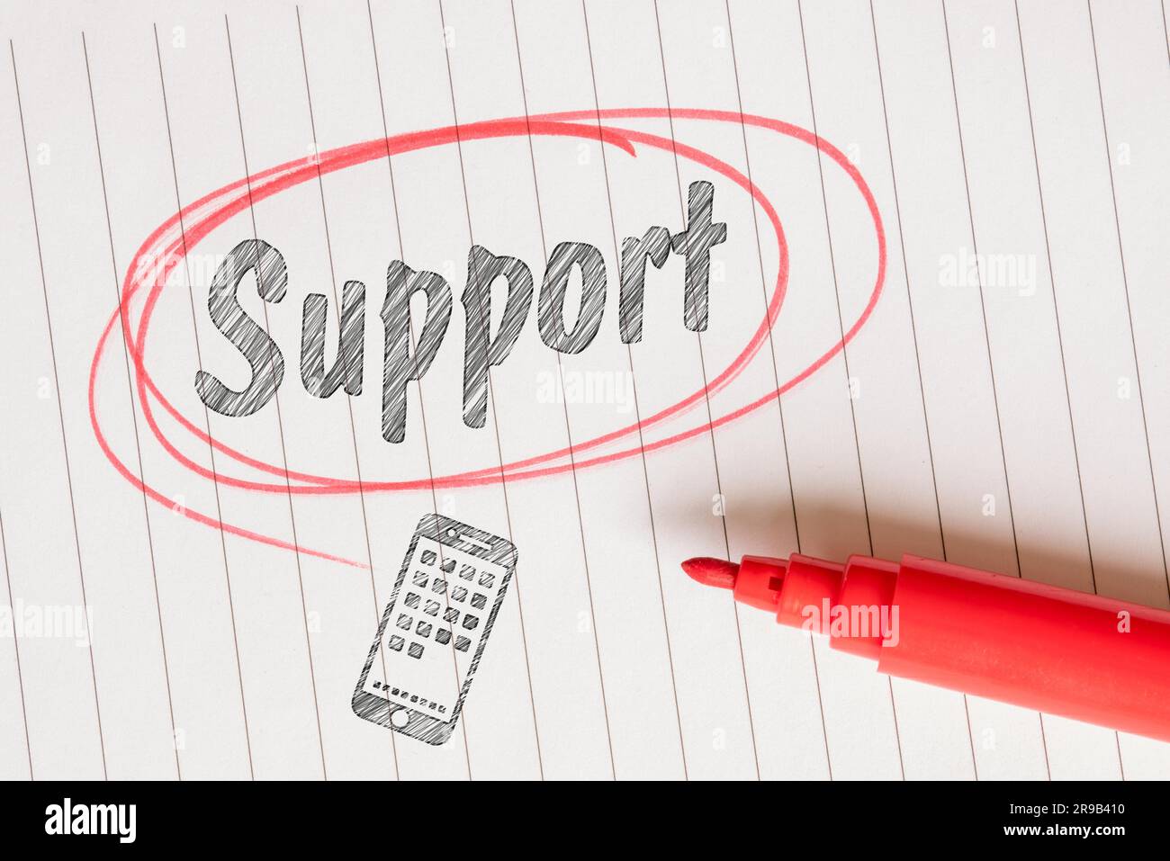 Support note in a red drawn circle on white paper Stock Photo - Alamy