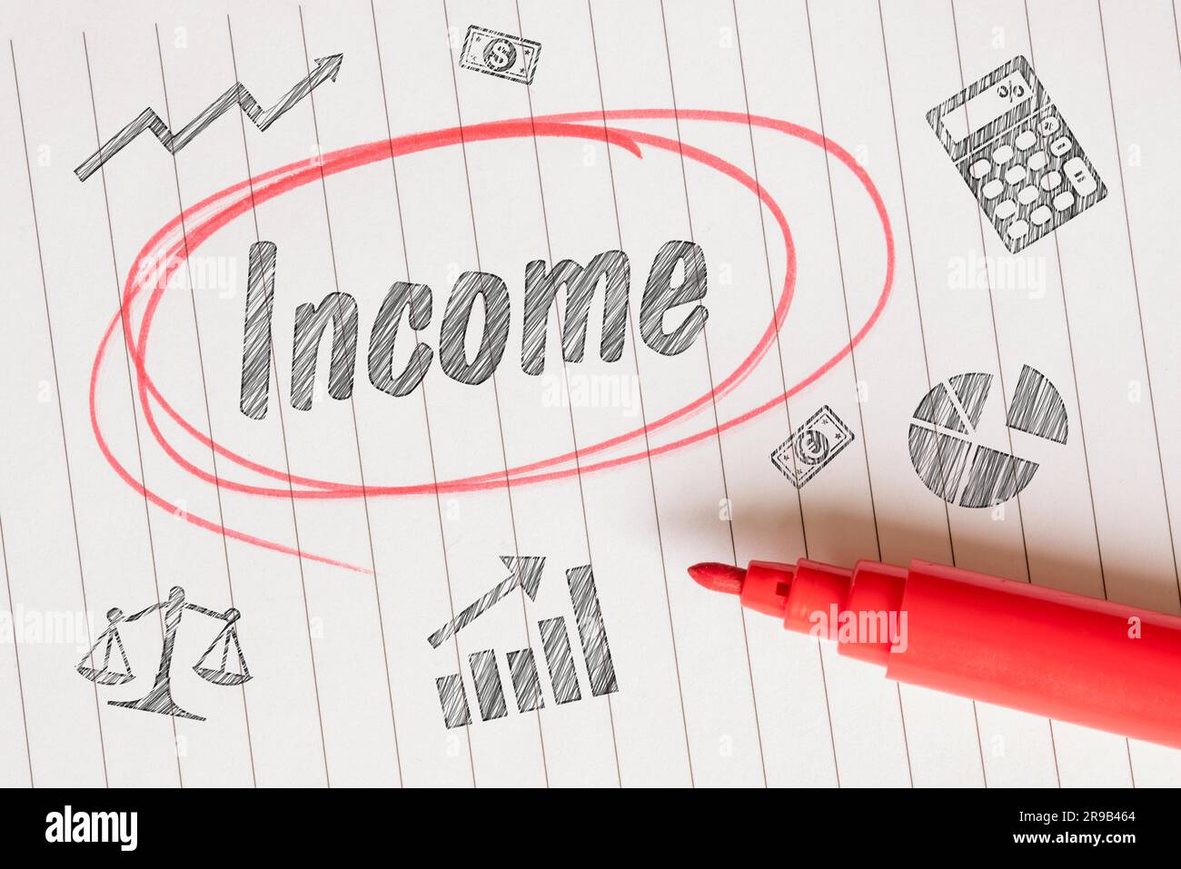Business income note with drawings on linear paper Stock Photo - Alamy