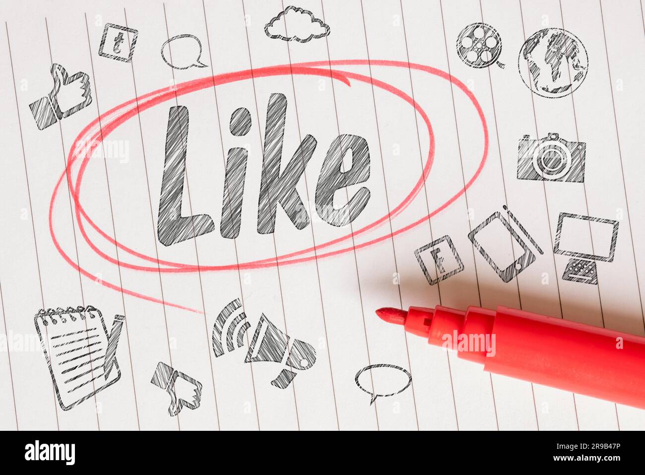Like social media note with sketches and a marker Stock Photo - Alamy