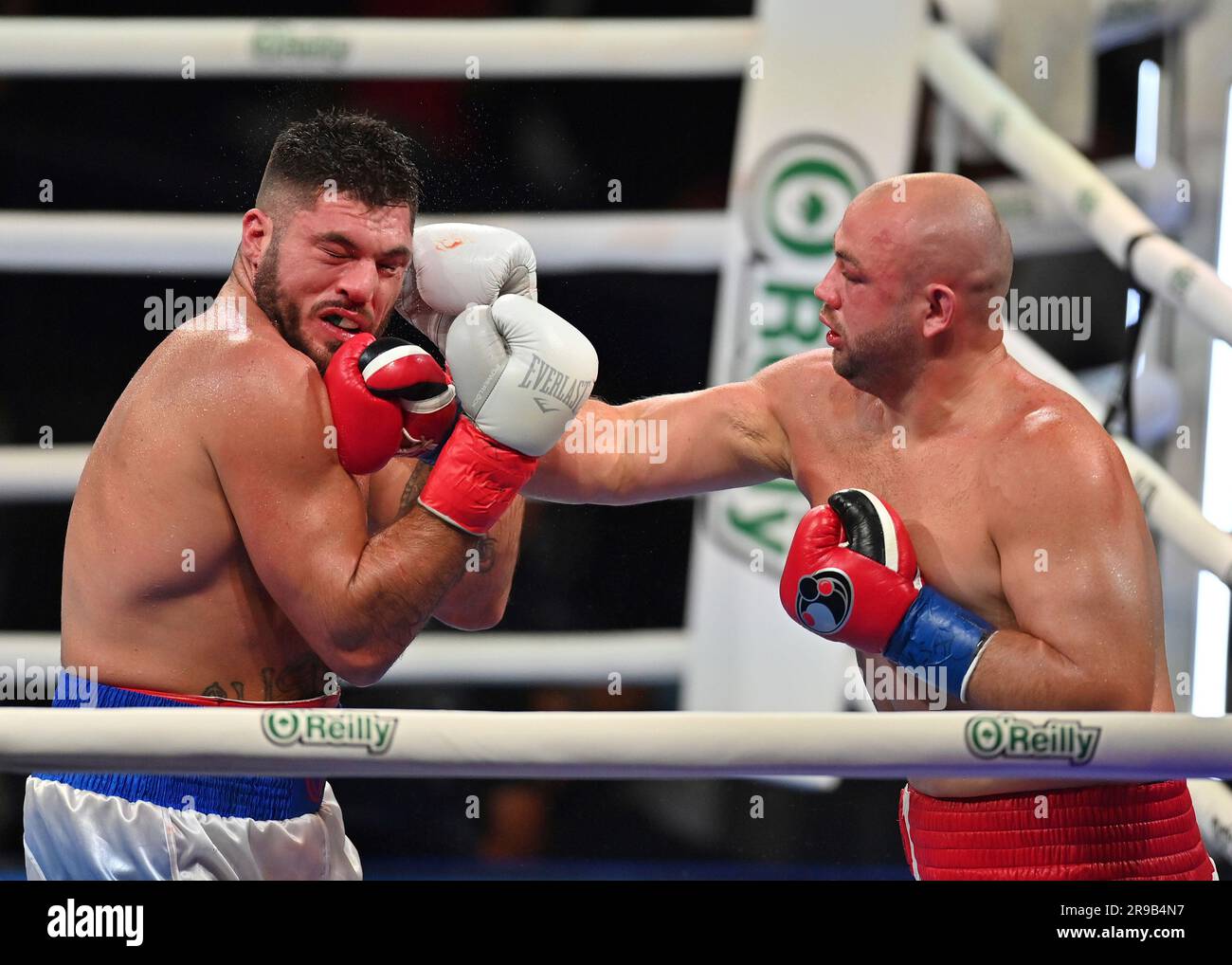 NEW YORK, NY - JUN 24: Adam Kownacki (blue tape) takes on Joe Cusumano ...