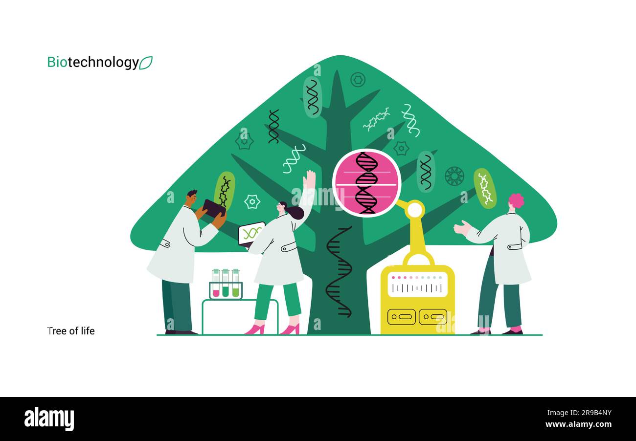 Bio Technology Tree Of Life Modern Flat Vector Concept Illustration Of Scientists Observing