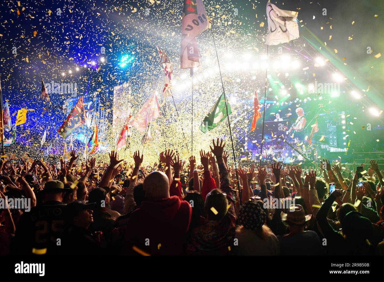 EDITORIAL USE ONLY Elton John performing on the Pyramid Stage at the ...