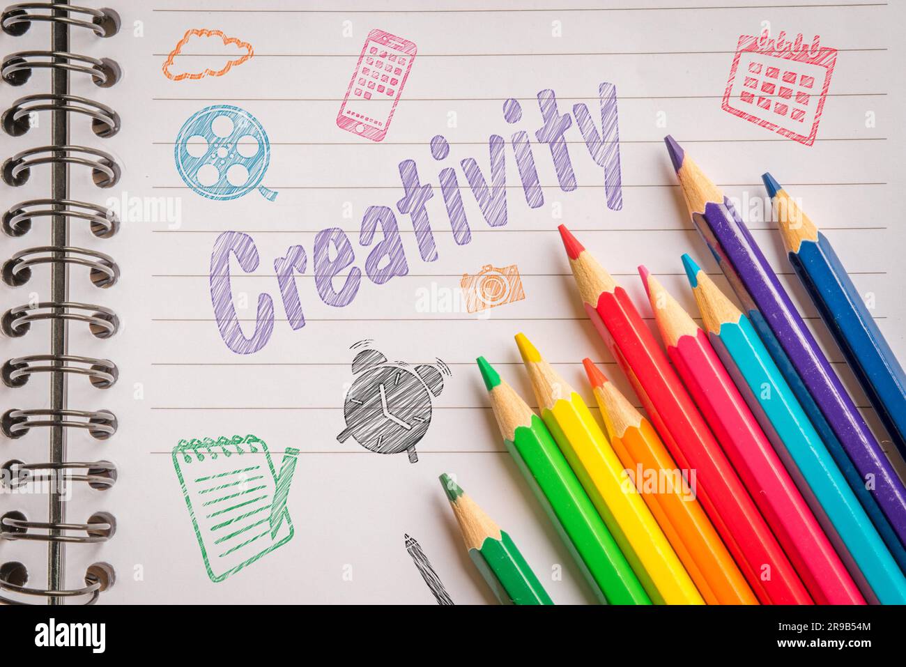 Creativity on linear paper in colors with pencils Stock Photo - Alamy