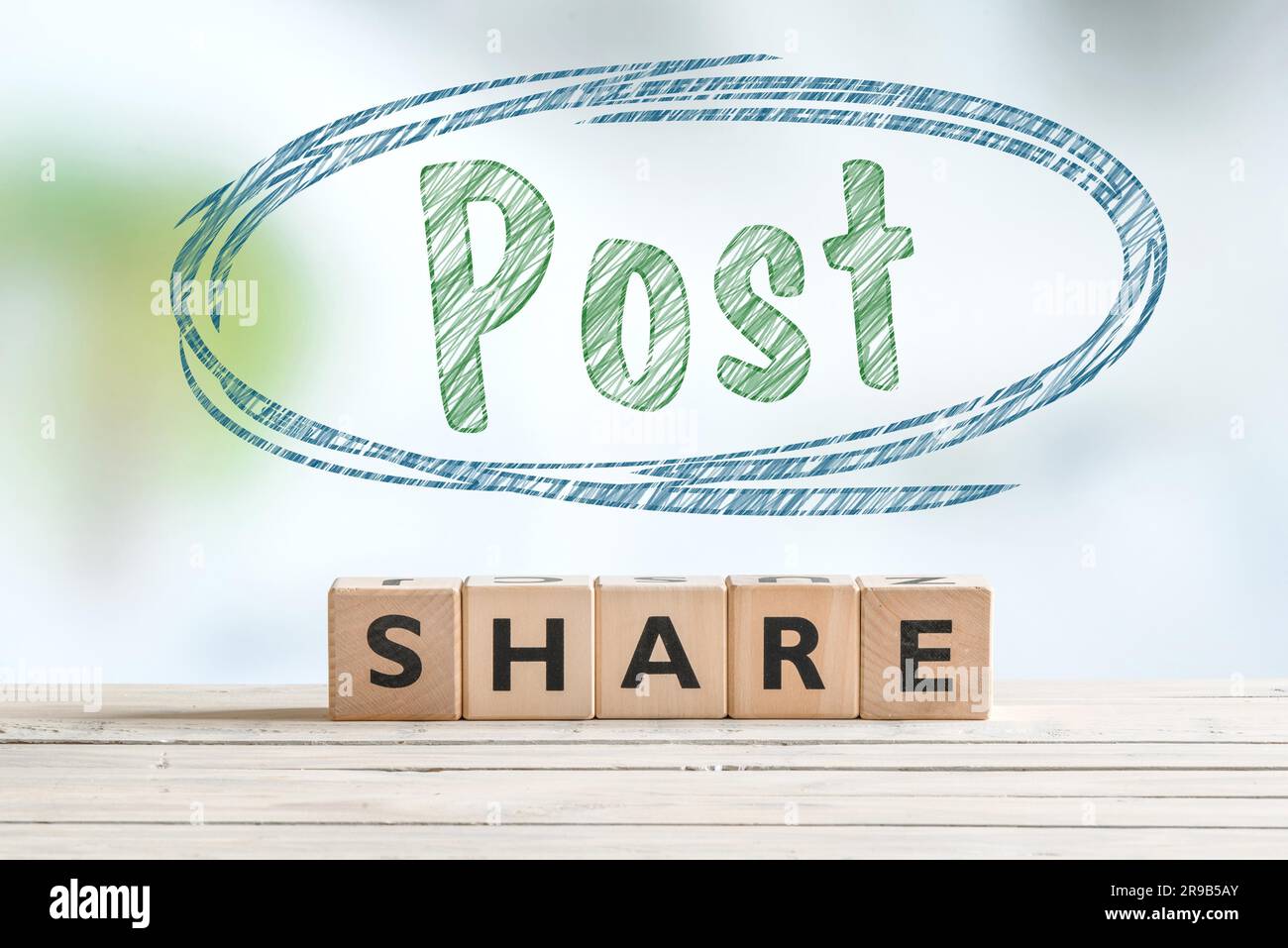 Post share sign on a table with a sketch drawing Stock Photo - Alamy